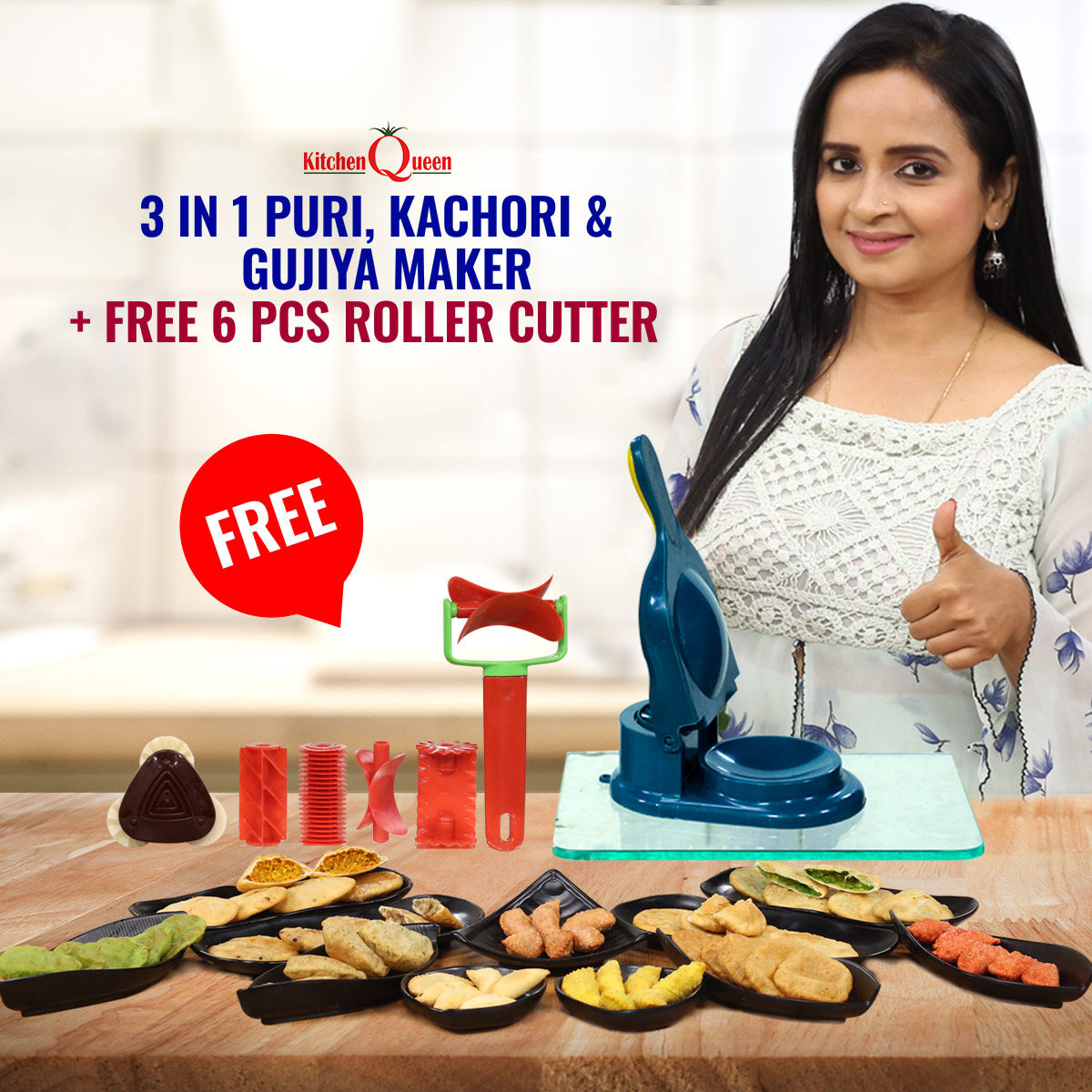 Buy 3 In 1 Puri Kachori & Gujiya Maker + Free 6 Pcs Roller Cutters ...