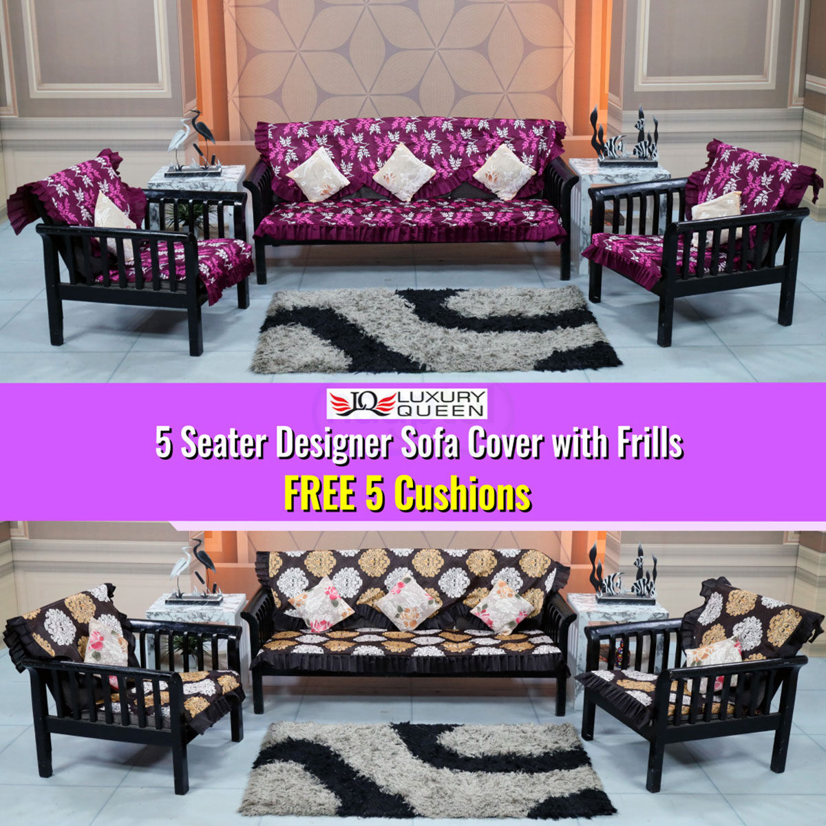 Buy 5 Seater Designer Sofa Cover With 5 Filled Cushions Free (5SC3 ...