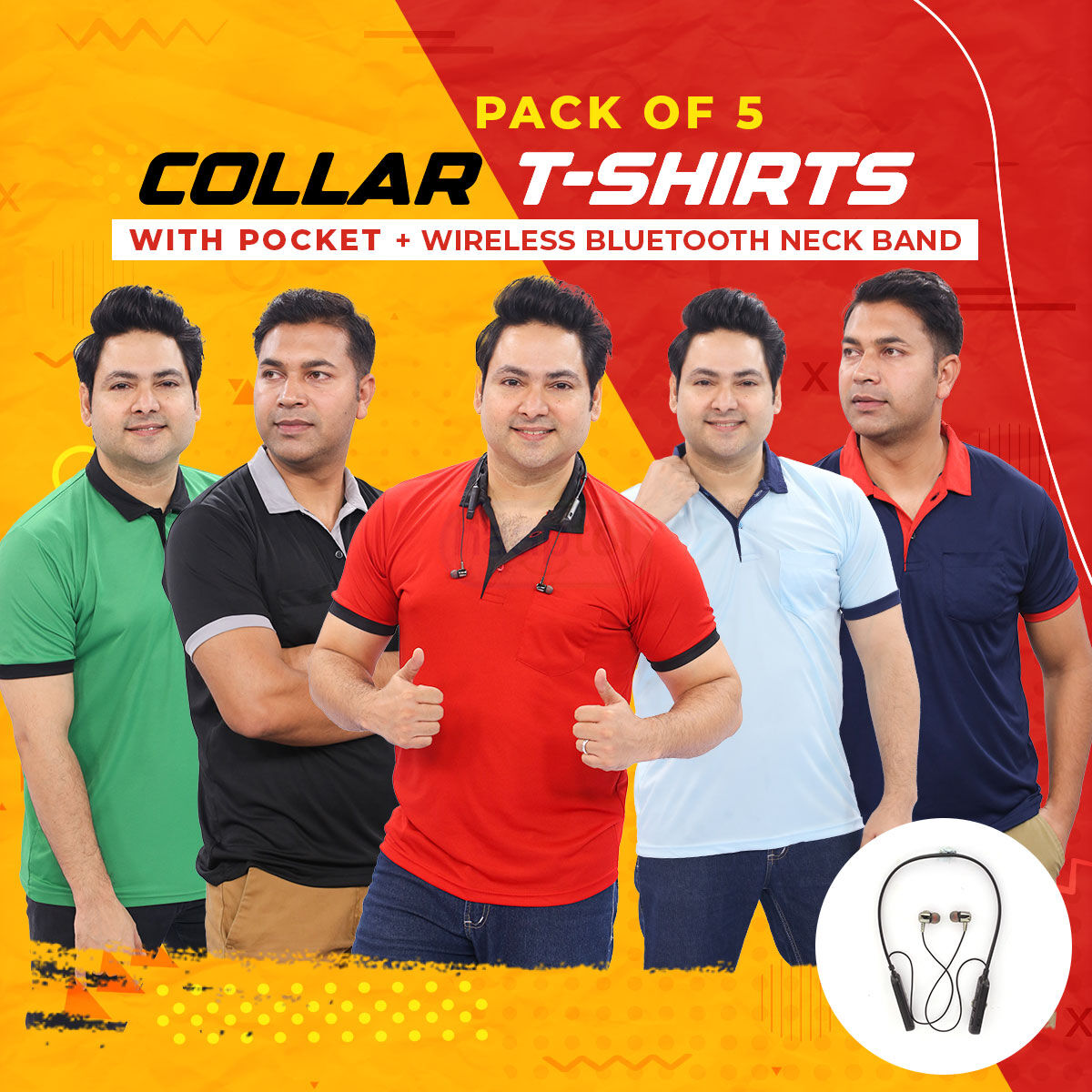 Buy 5 Pocket Collar T-Shirts With Wireless Bluetooth Neck Band (5PTB1 ...
