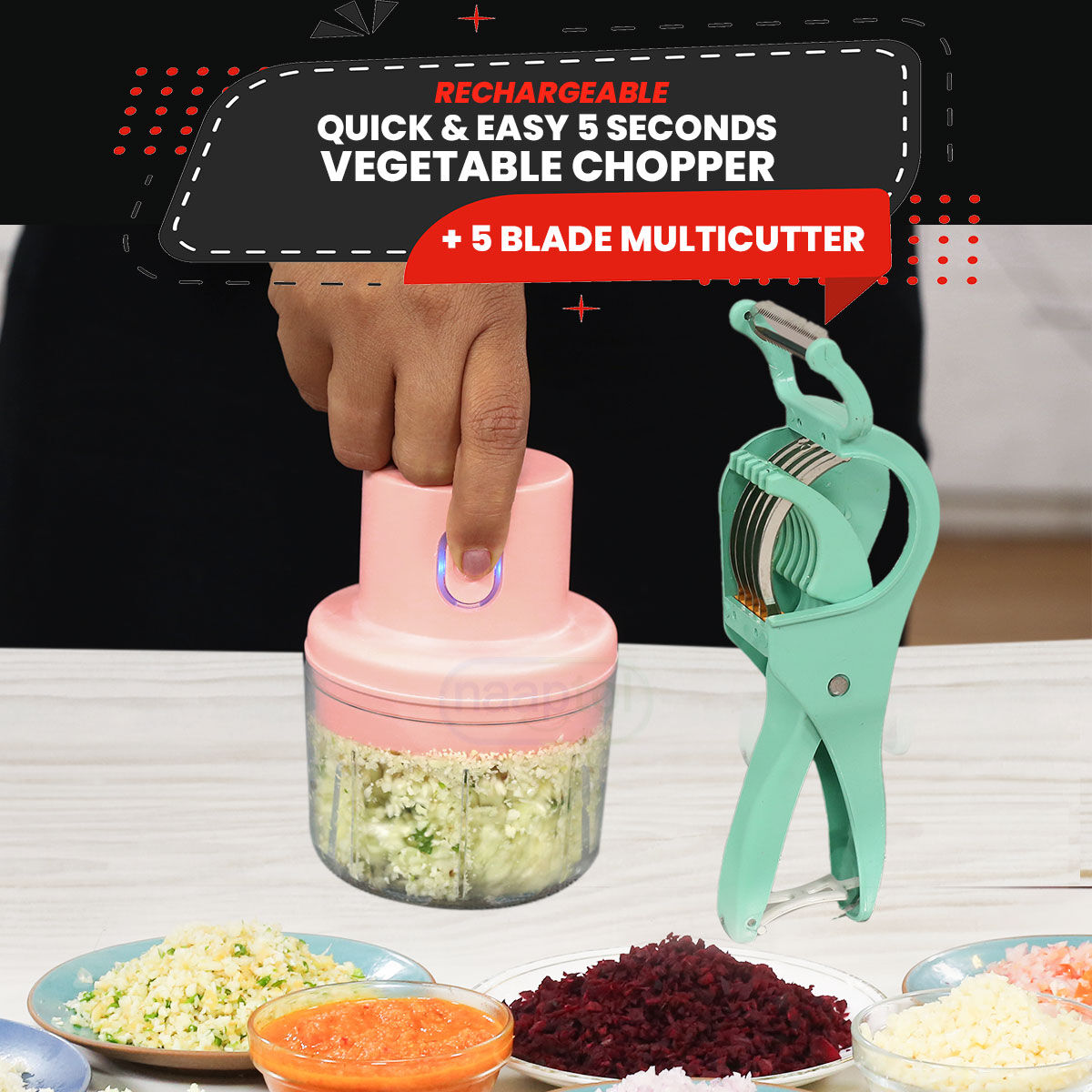 Buy Rechargeable Quick & Easy 5 Sec Vegetable Chopper + 5 Blade Multi ...