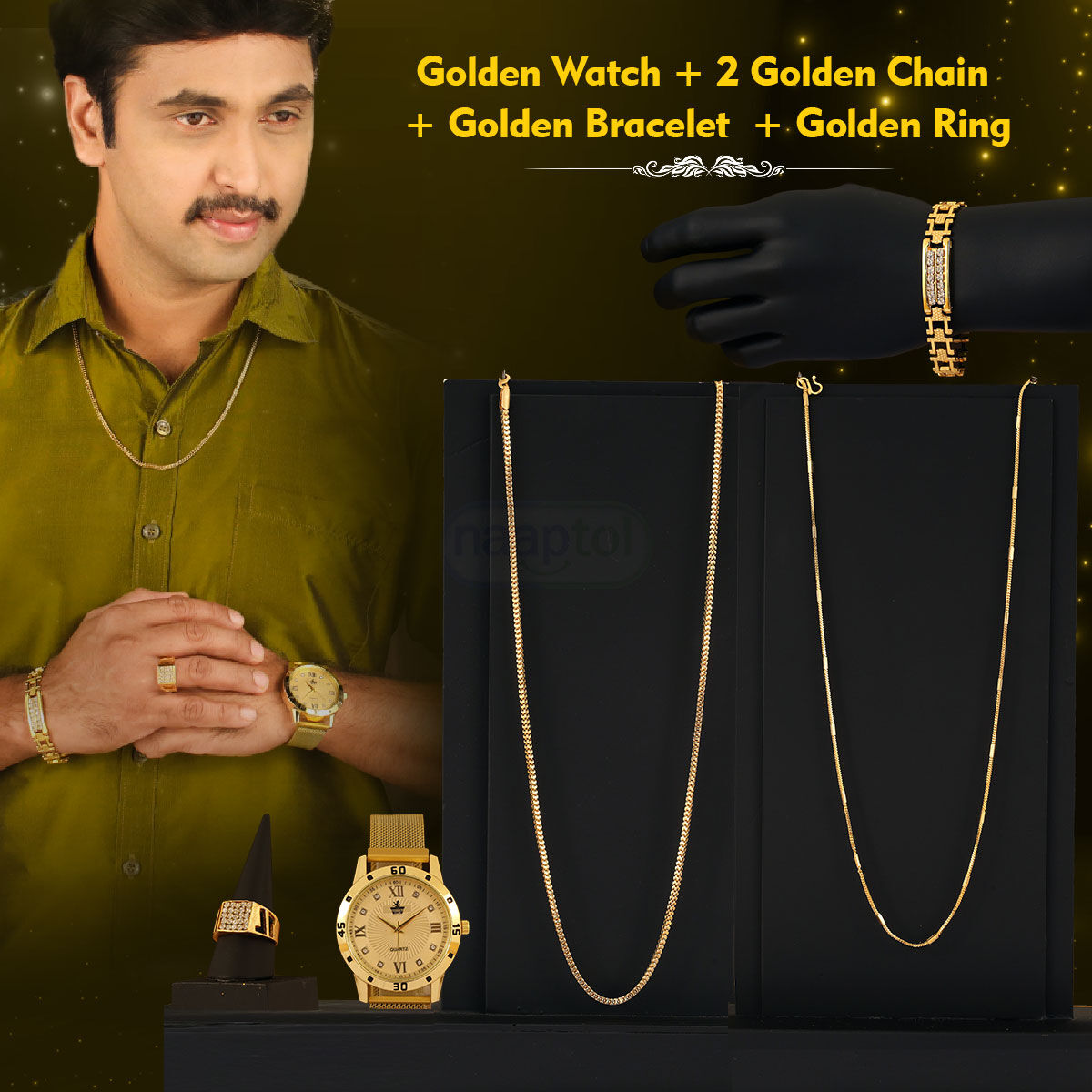 Buy Golden Watch + 2 Chain + Bracelet + Ring (MGW2CBR7) Online at Best ...