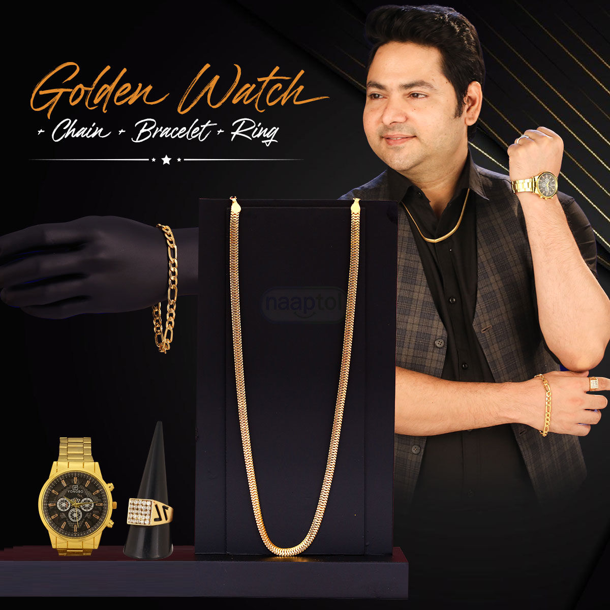 Buy Golden Watch + Chain + Bracelet + Ring (MGWCBR12) Online at Best ...