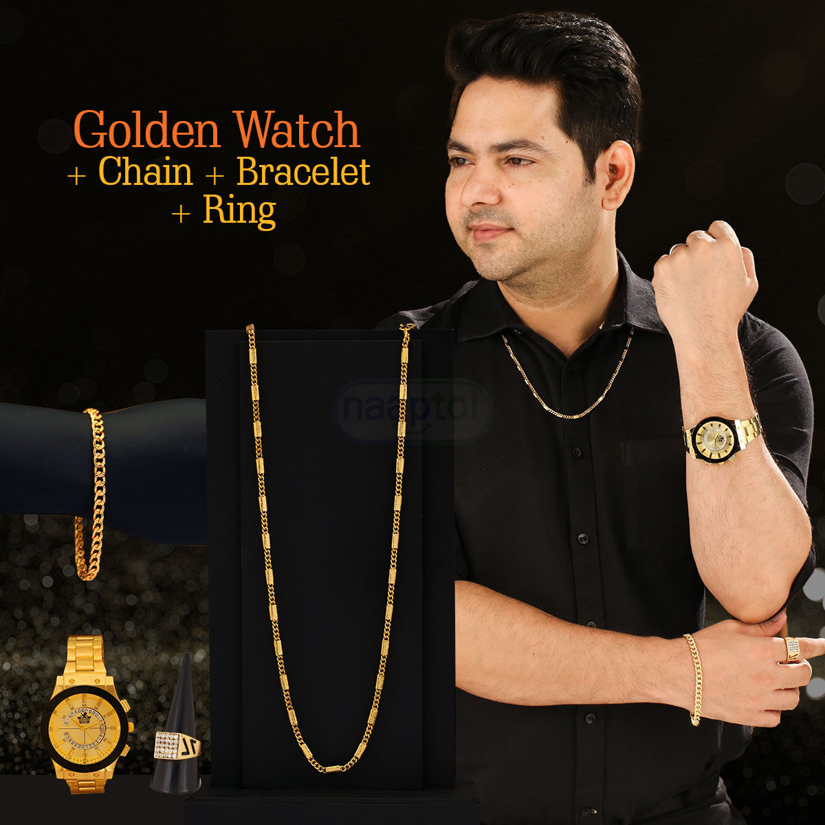 Buy Golden Watch + Chain + Bracelet + Ring (MGWCBR14) Online at Best ...