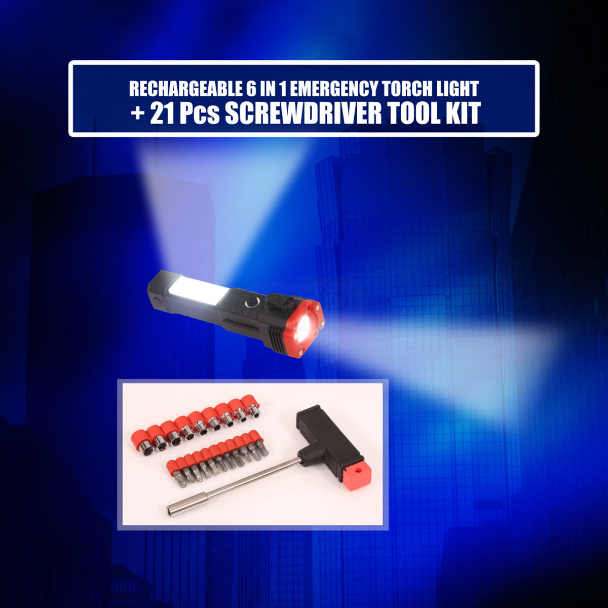 Buy Rechargeable 6 in 1 Emergency Torch Light + 21 pcs Screwdriver Tool ...